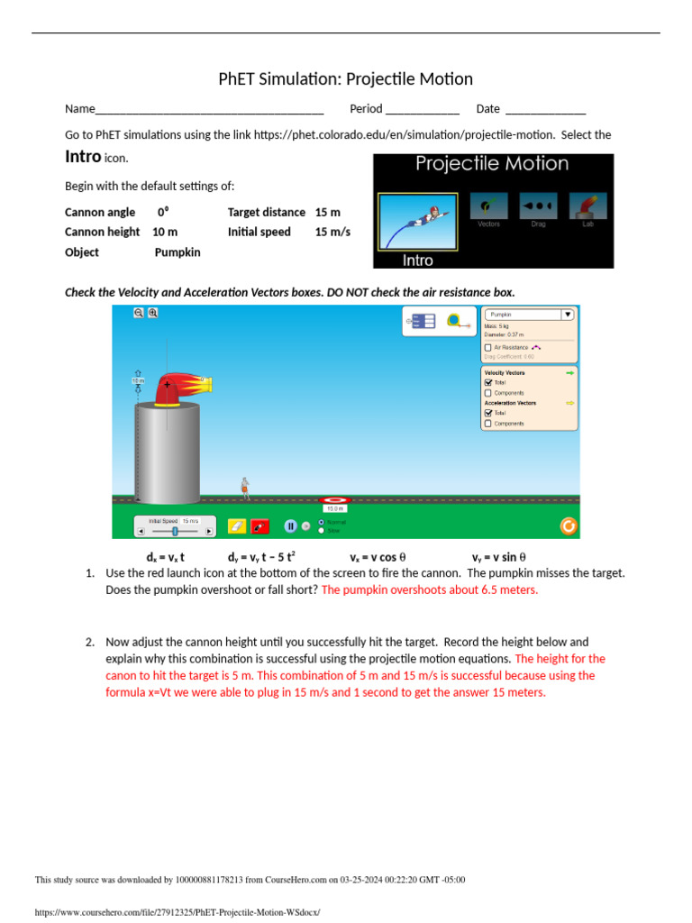 PhET Projectile Motion WS | PDF | Drag (Physics) | Physical Quantities