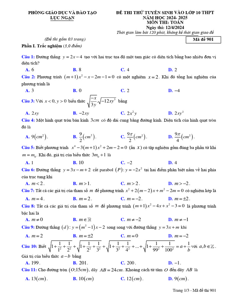 De Thi Thu Toan Vao Lop 10 Nam 2024 2025 Phong GDDT Luc Ngan Bac Giang | PDF