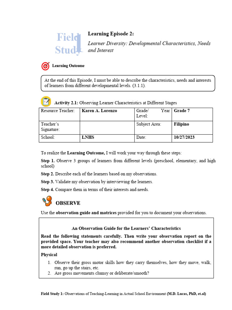 Learning Episode 2 - Field Study 1 | PDF | Learning | Behavior Modification