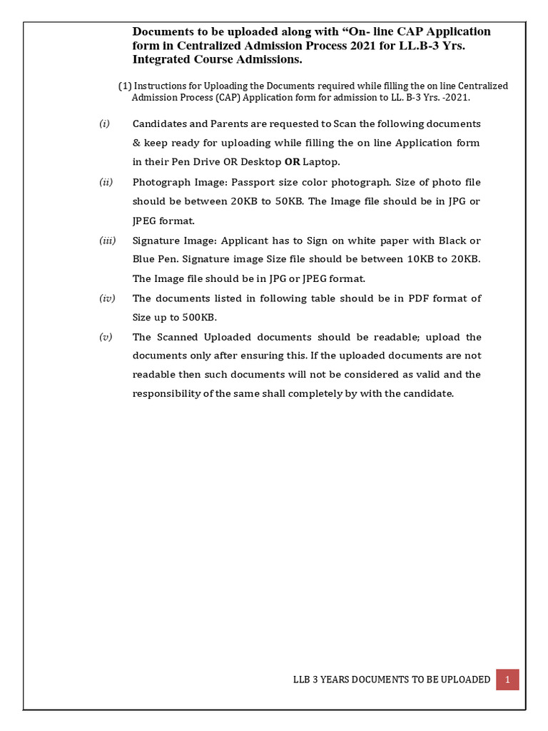 Documents To Be Uploaded Along With "On-Line CAP Application Form in Centralized Admission ...