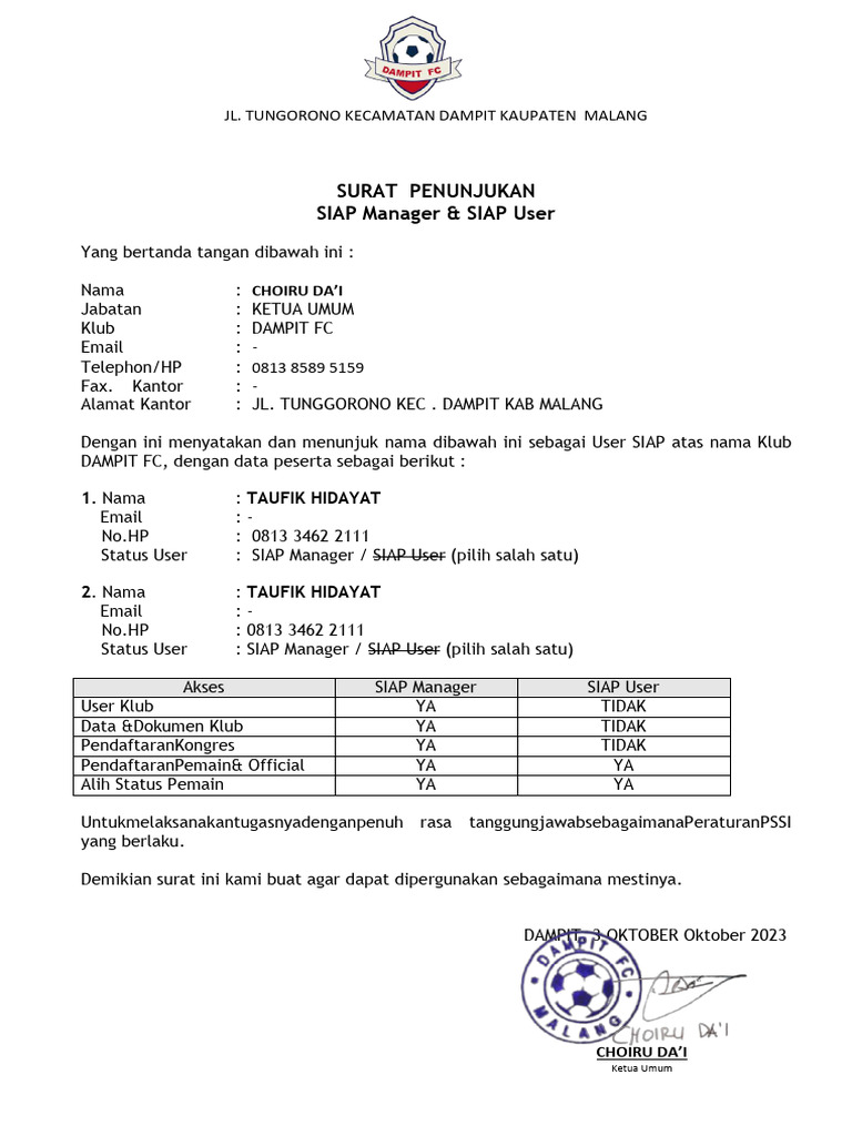 Surat Penunjukan SIAP DAMPIT FC | PDF | Olahraga & Rekreasi