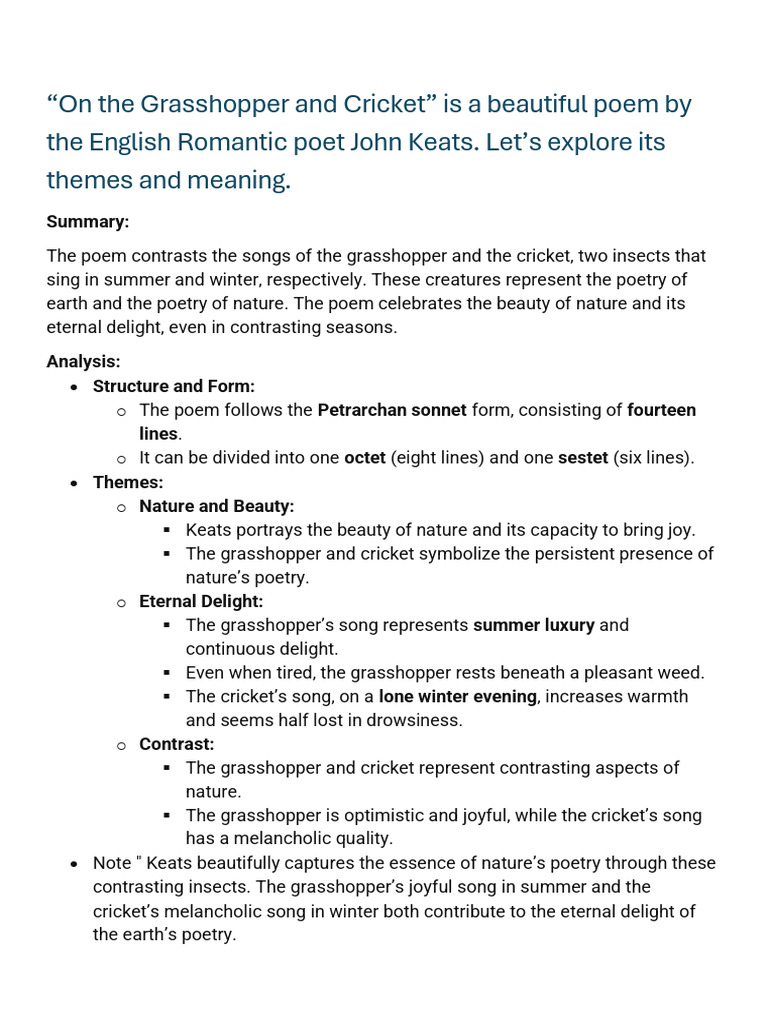 On The Grasshoper and Cricket Complete Sheet | PDF | John Keats | Poetry