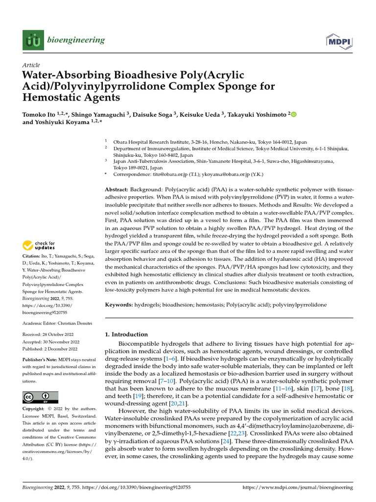 Bioengineering 09 00755 | PDF | Cross Link | Hemostasis