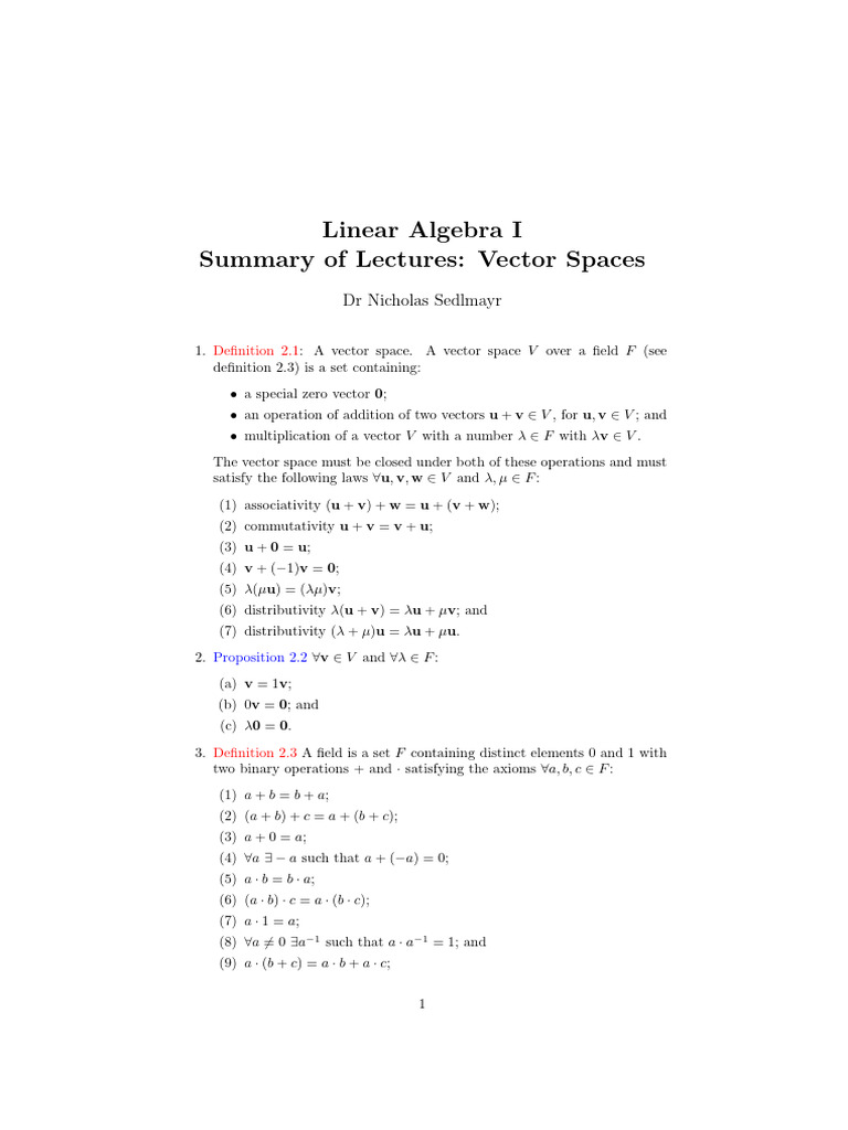 Vector Spaces: Definitions & Theorems | PDF | Basis (Linear Algebra) | Vector Space
