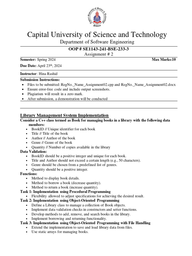 OOP Assignment2 15apr Hina | PDF | Object Oriented Programming | Method (Computer Programming)