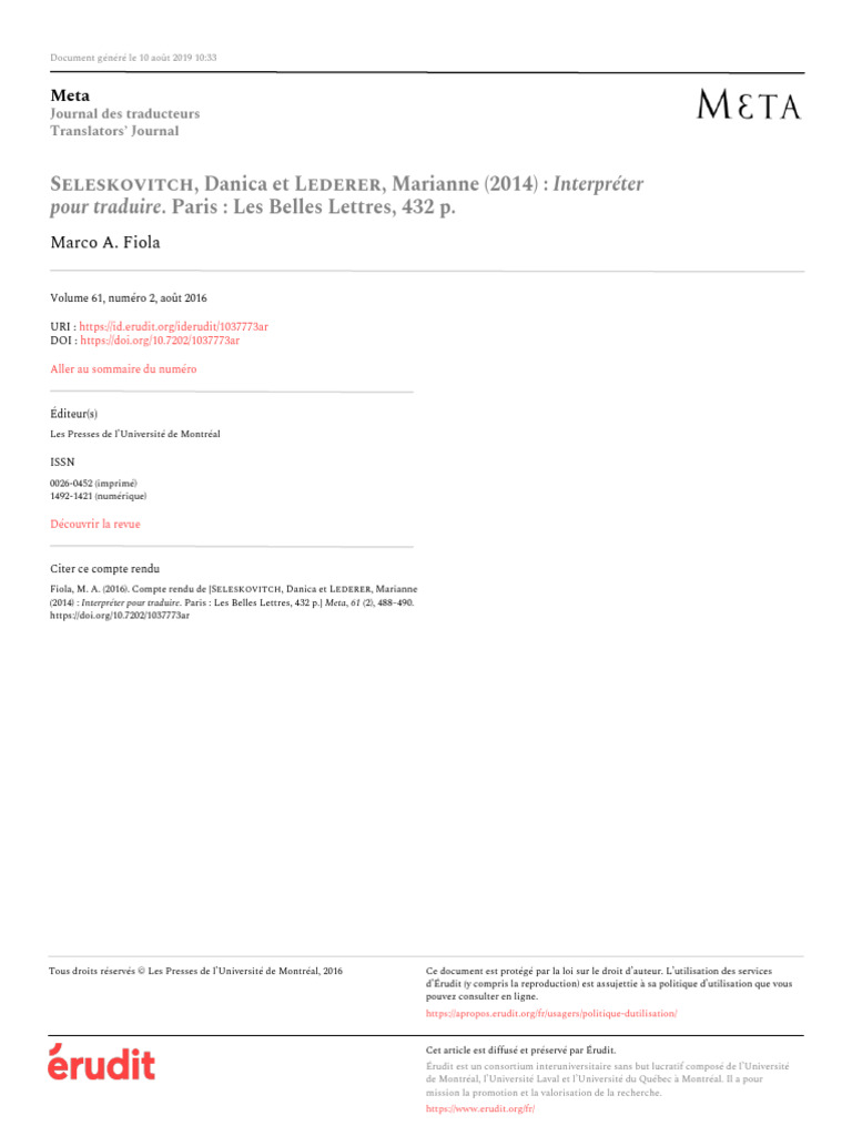 Seleskovitch Danica Et Lederer Marianne | PDF | Traductions | Linguistique