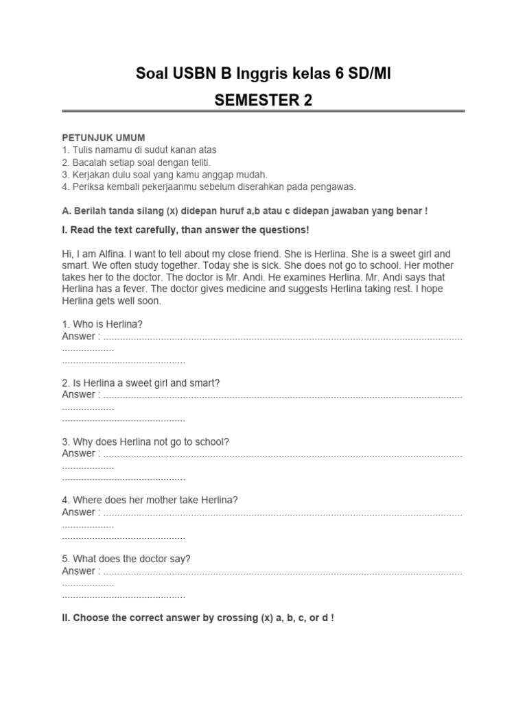 Soal USBN B Inggris Kelas 6 SD SEMESTER 2 | PDF | Medicine