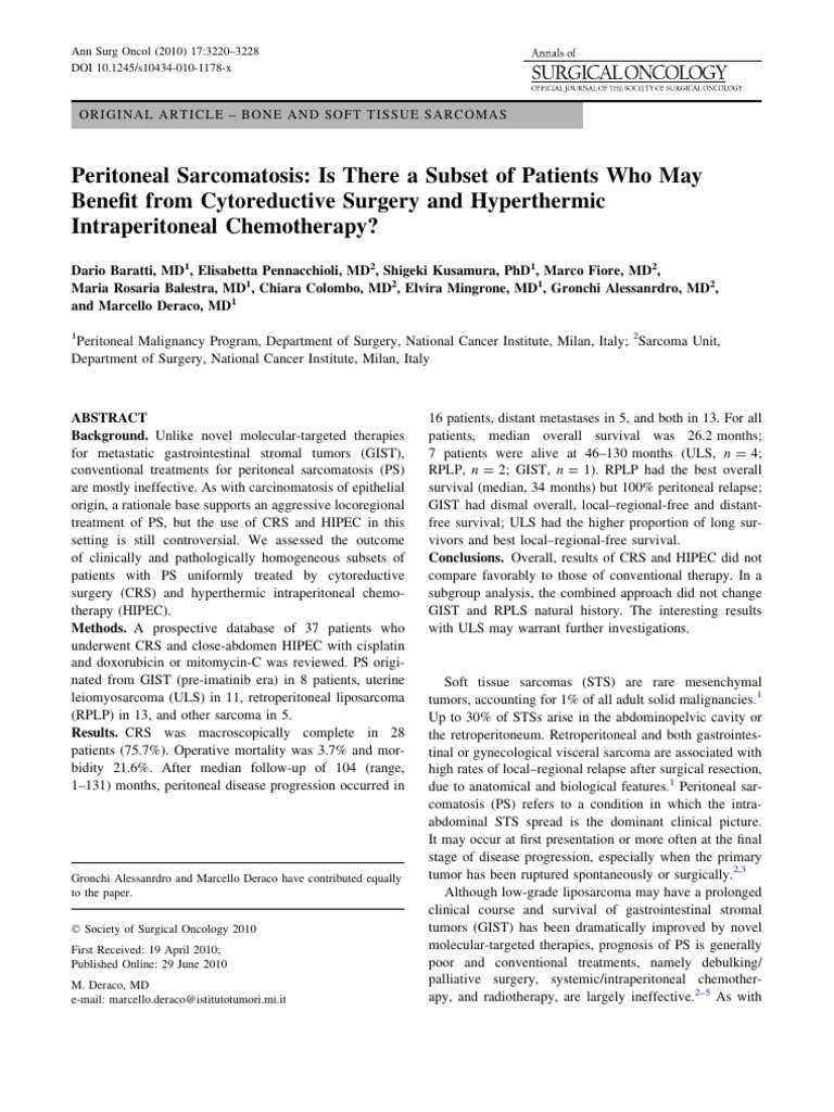 Baratti. Peritoneal Sarcomatosis. Ann Surg Oncol 2010 | PDF | Sarcoma | Causes Of Death