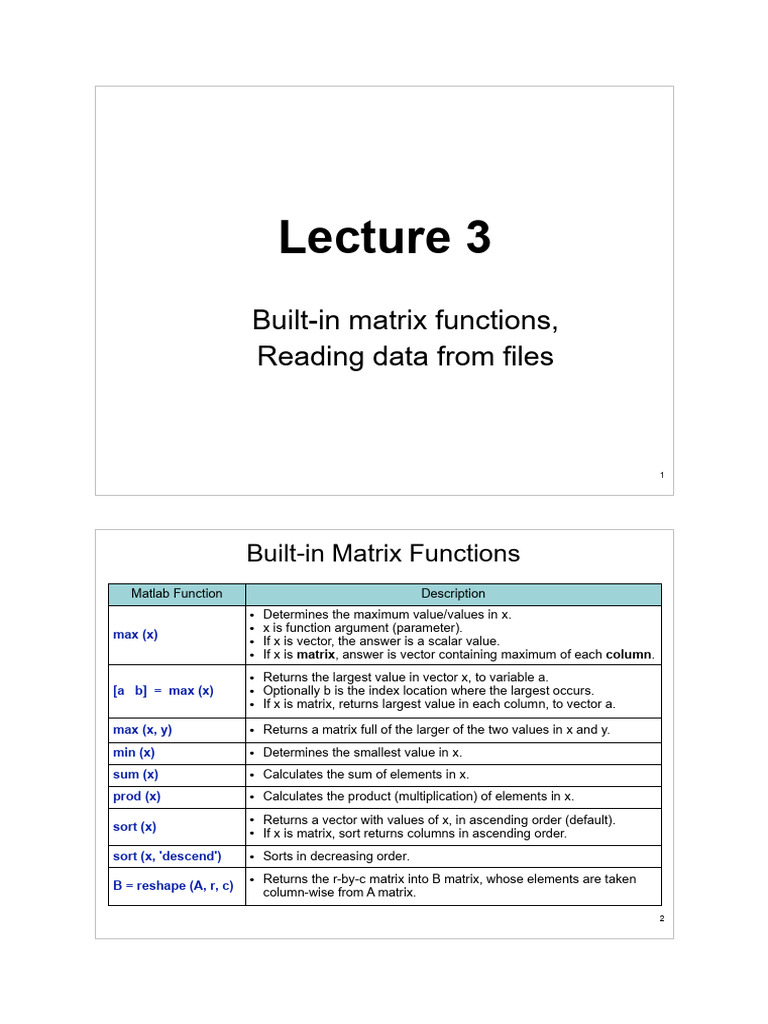 Lecture3 MatrixFunctions | PDF | Matrix (Mathematics) | Comma Separated Values