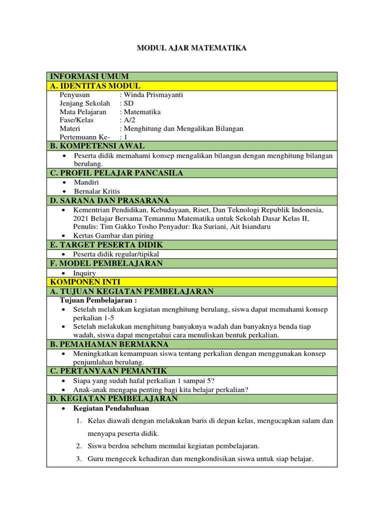 Modul Ajar Matematika SD: Perkalian 1-5 | PDF