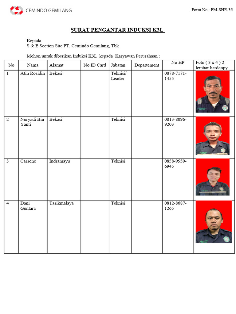 FM-SHE-36 Surat Pengantar Induksi K3L | PDF