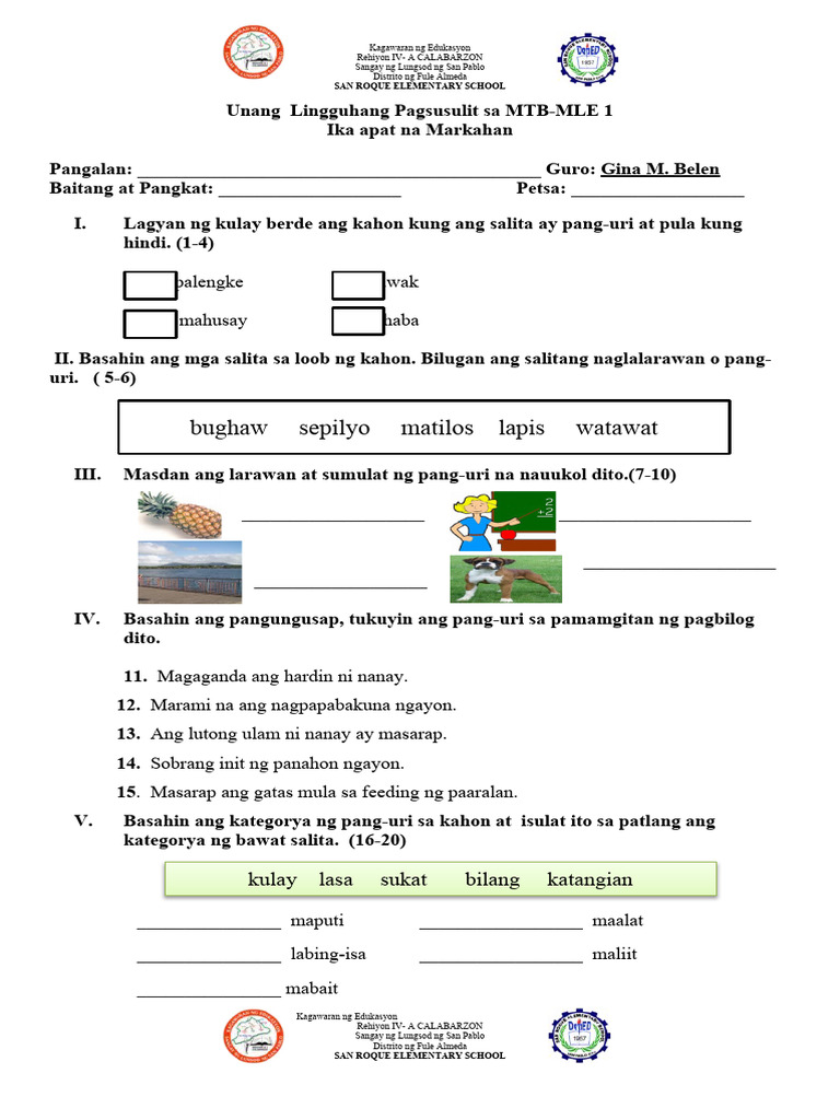 Q4 1st Quiz WK 1 2 MTB and Fil | PDF