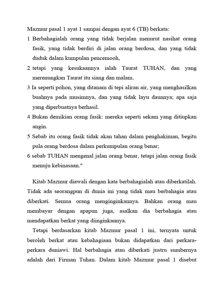 Mazmur Pasal 1 Ayat 1 Sampai Dengan Ayat 6 | PDF