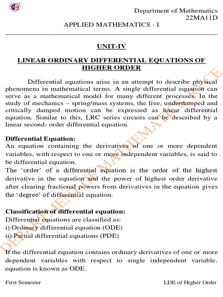 Linear ODEs of Higher Order Explained | PDF | Differential Equations | Ordinary Differential ...
