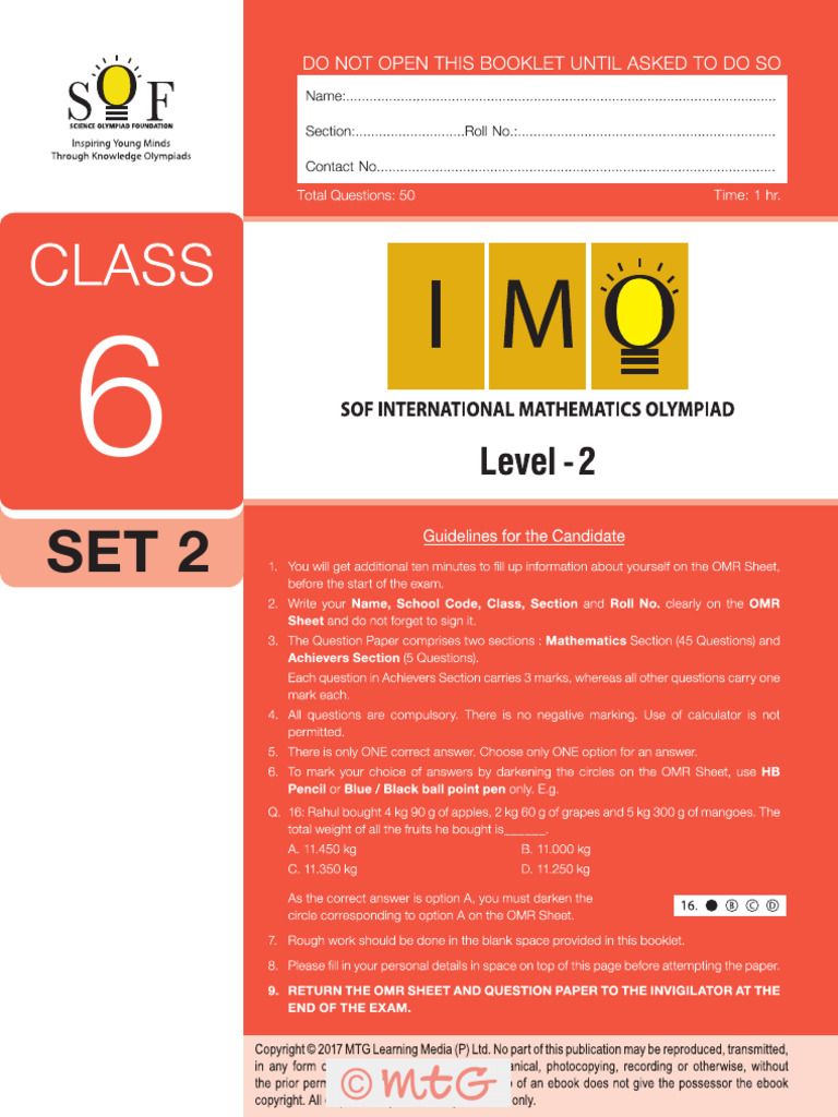 Imo Level2 Class 6 Set 2 | PDF | Numbers | Area