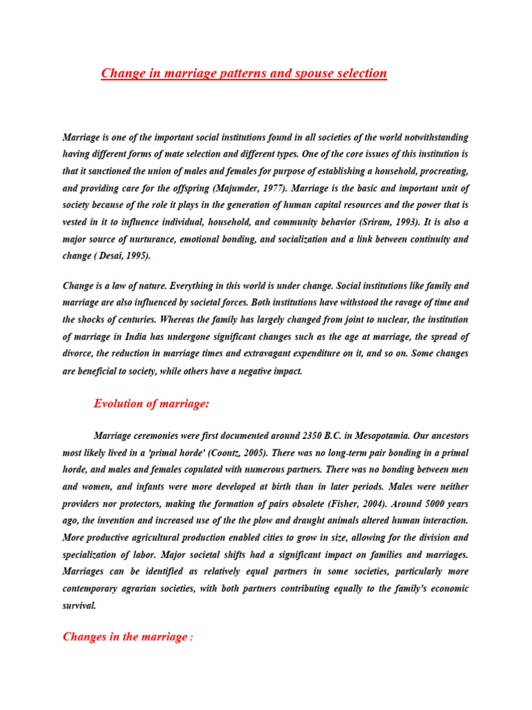 Change in Marriage Patterns and Spouse Selection | PDF | Marriage | Family