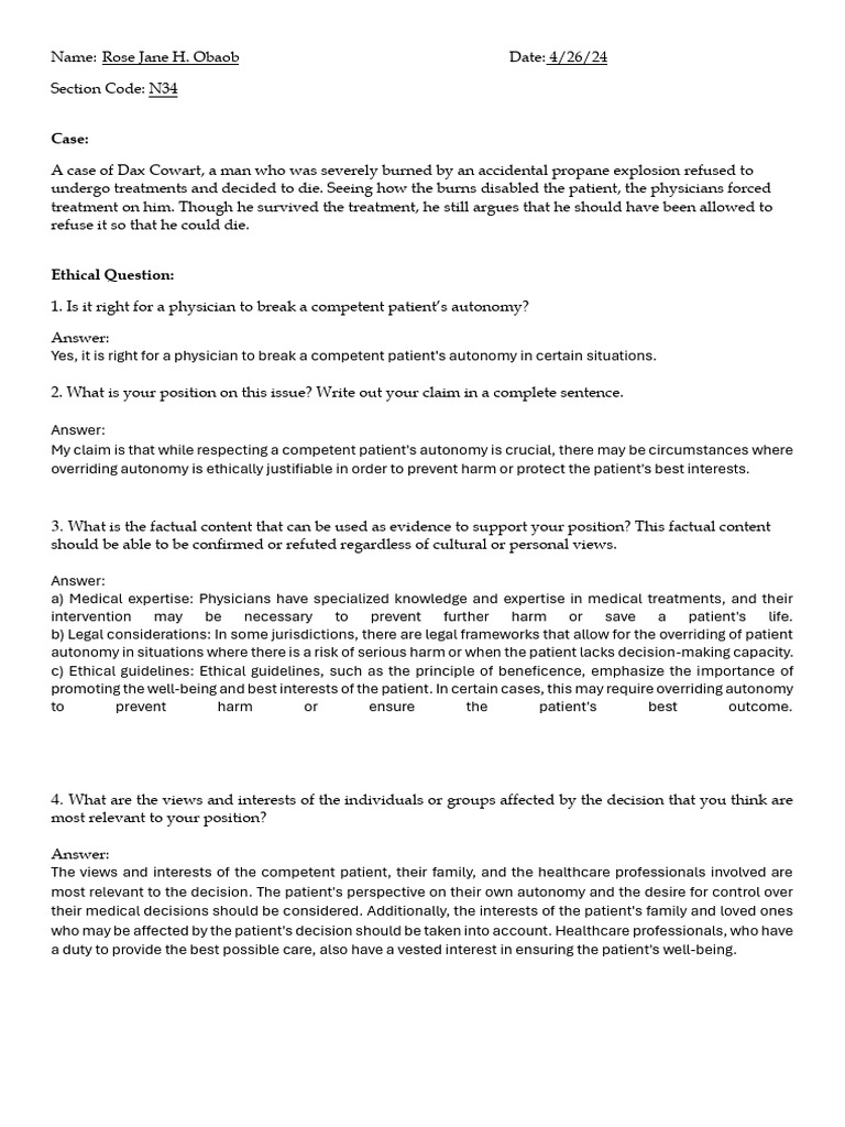 BIOETHICS ASSIGNMENT Rosing | PDF | Autonomy | Medical Ethics