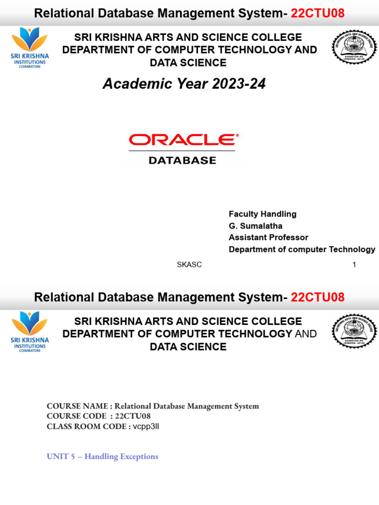 Unit V - Handling Exe | PDF | Pl/Sql | Databases