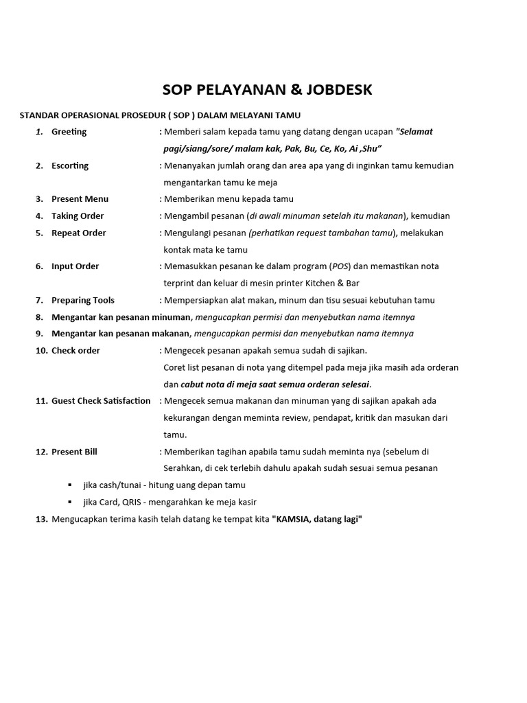 Sop Team Waiter | PDF