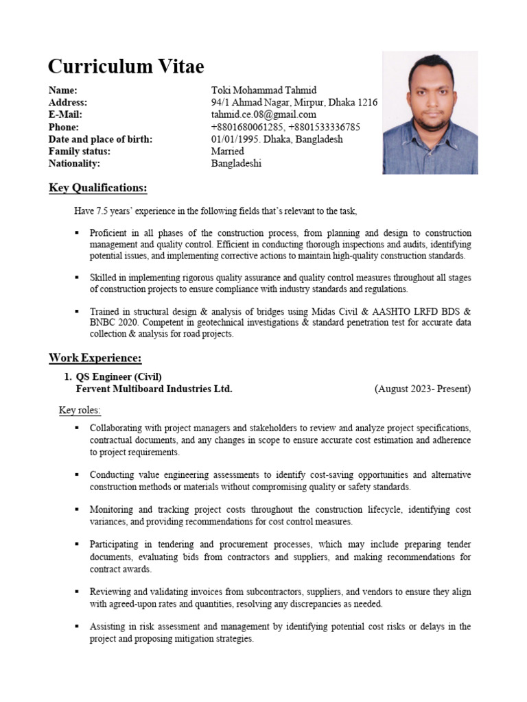 Civil Engineer CV: Toki Mohammad Tahmid | PDF | Geotechnical Engineering | Procurement