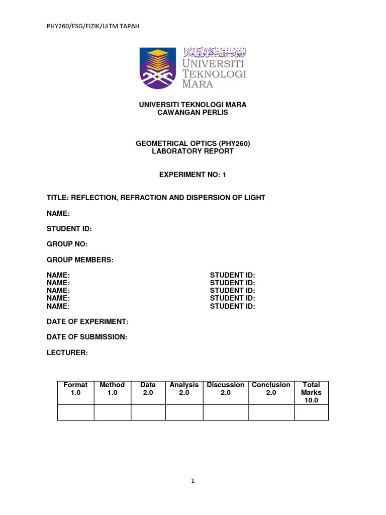 Exp 1 Phy 260 Reflection Refraction And Dispersion Of Light Updated