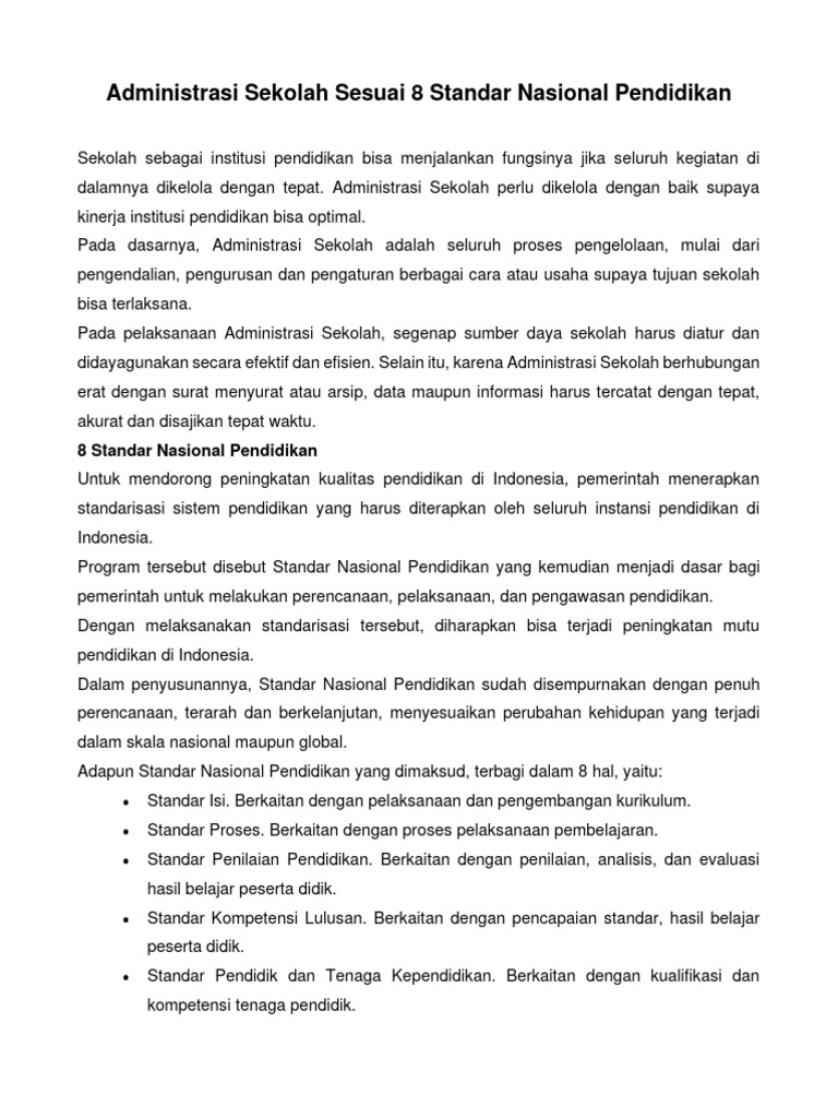 Administrasi Sekolah dan 8 Standar Pendidikan | PDF | Pengelolaan ...