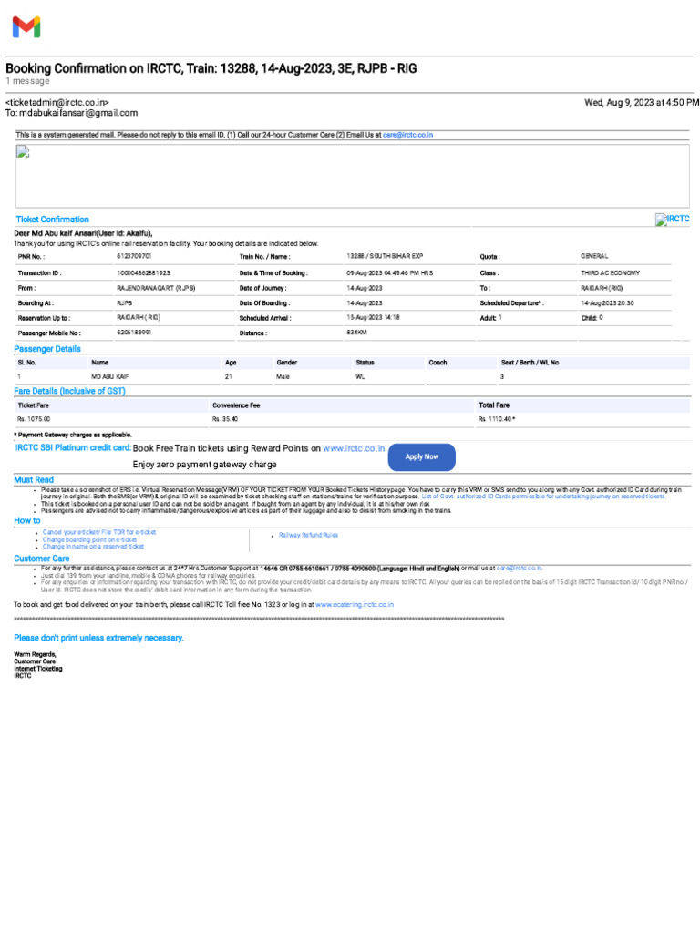 IRCTC Train Ticket Confirmation 13288 | PDF | Service Industries ...