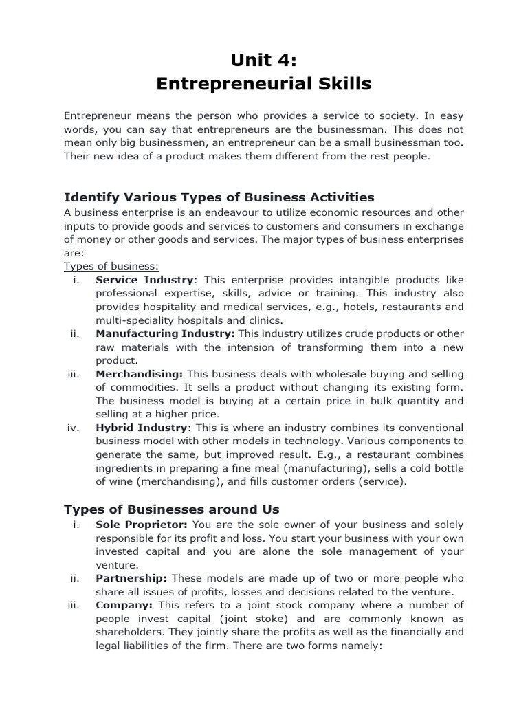 Unit 4 Entreprenurial Skills | PDF | Entrepreneurship | Stocks