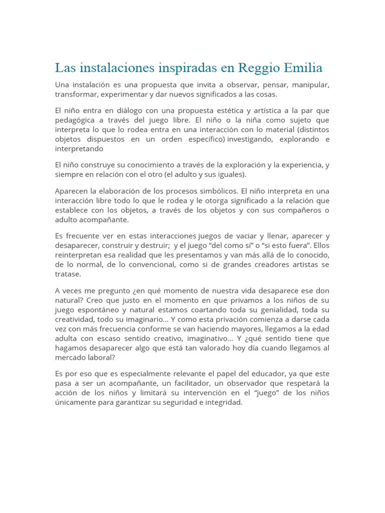 Las Instalaciones Inspiradas en Reggio Emilia | Descargar gratis PDF | Creatividad | Pensamiento