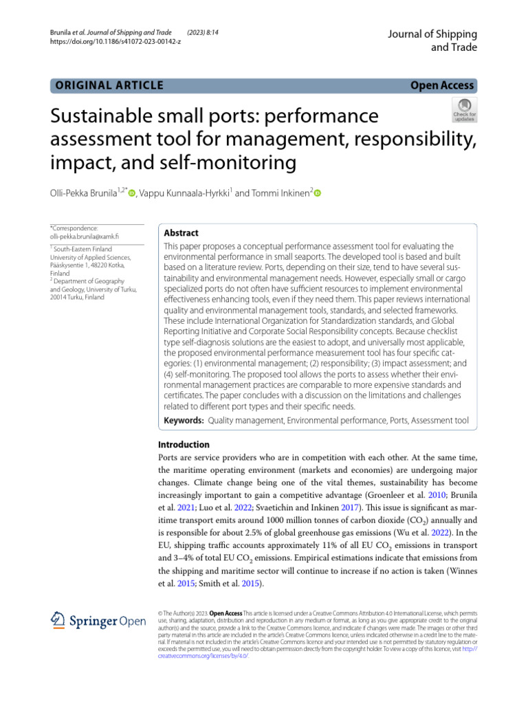 Sustainable Small Ports: Performance Assessment Tool For Management, Responsibility, Impact, and ...