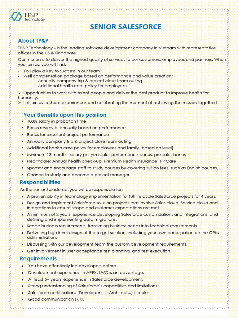 TPP - JD - Senior SalesForce Engineer | PDF | Customer Relationship ...