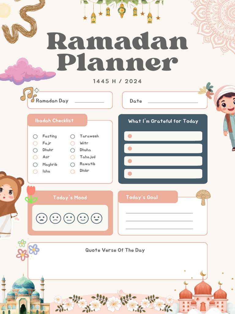 Peach Cute Simple Illustrative Daily Ramadan Planner | PDF
