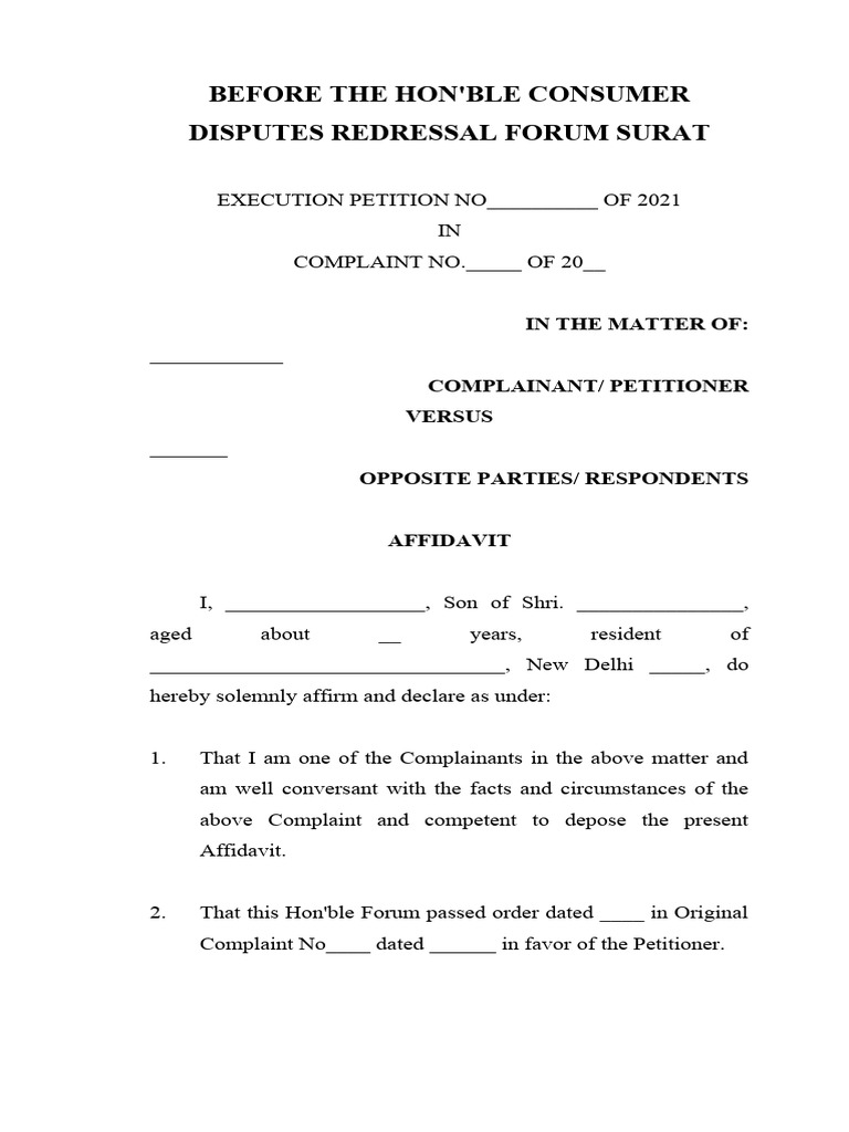 Format of Consumer Execution Petition | PDF | Affidavit | Legal Procedure