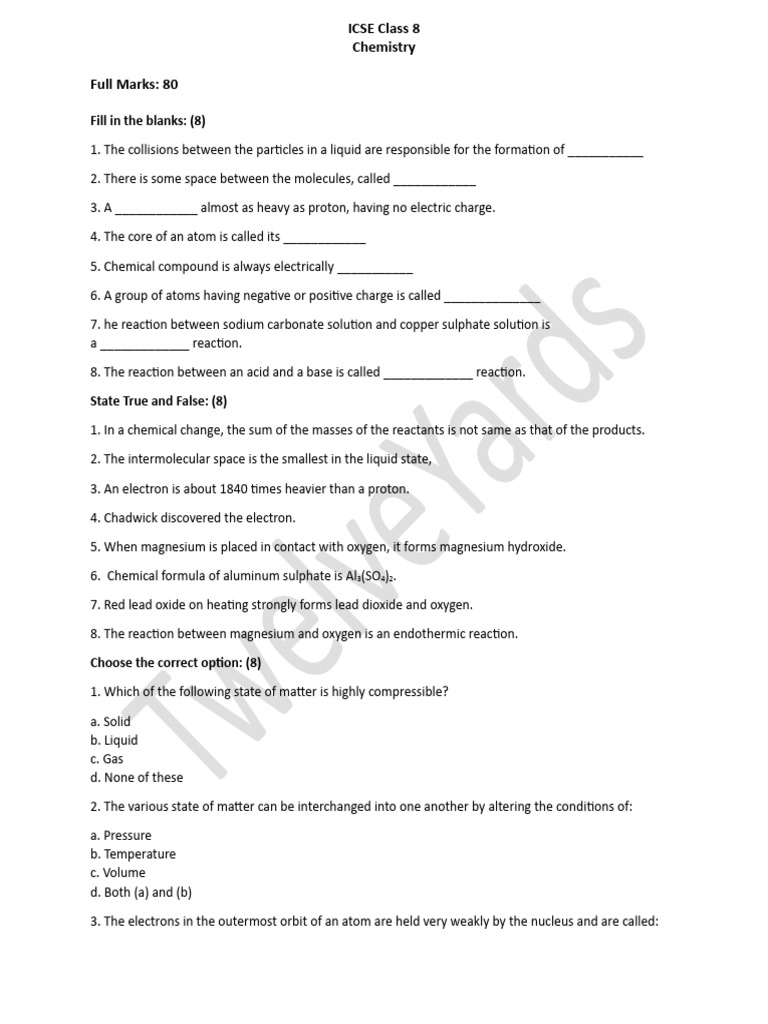 ICSE Class 8 Chemistry Full Paper | PDF | Chemistry | Chemical Reactions