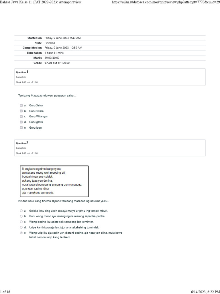 Bahasa Jawa Kelas 11 PAT 2022-2023 Attempt Review | PDF | Indonesia | Java
