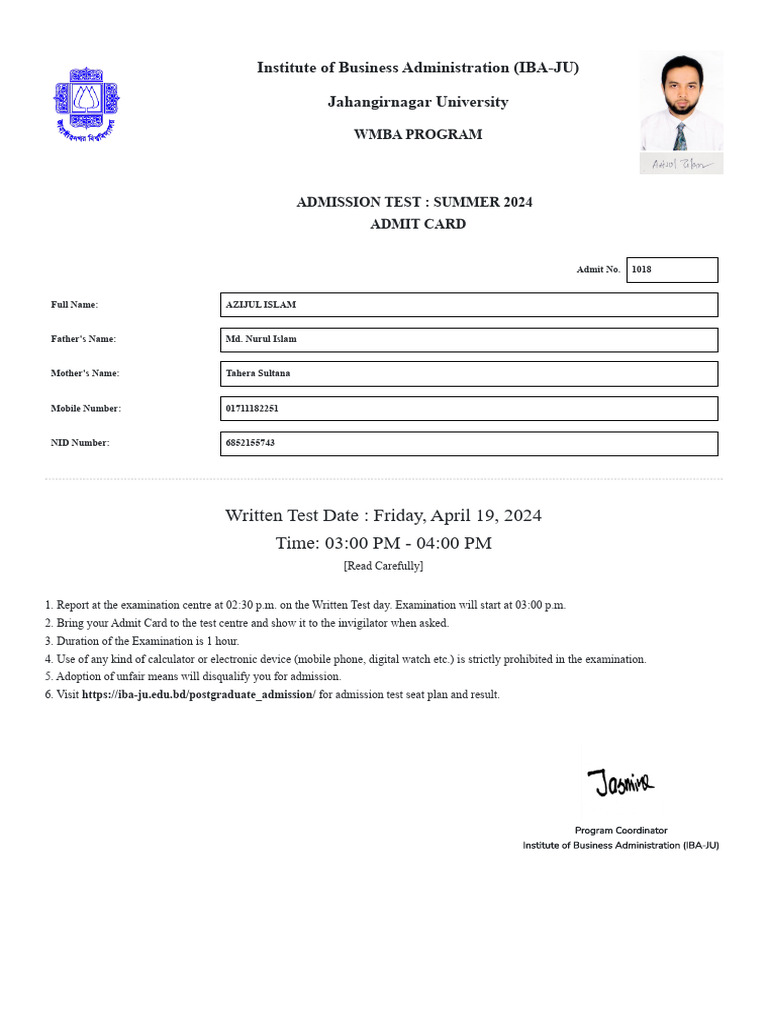 Admit Card - Smart Admission | PDF