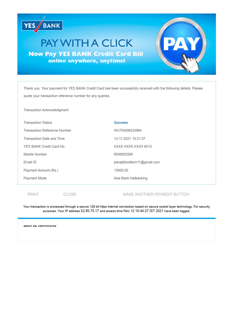 YES BANK Credit Card Payment Receipt | PDF