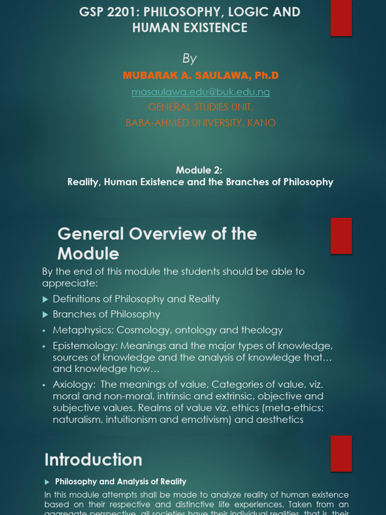 GSP 2201 Module 2 DM - Philosophy, H.E and Logic by M. A. Saulawa | PDF | Axiology | Metaphysics