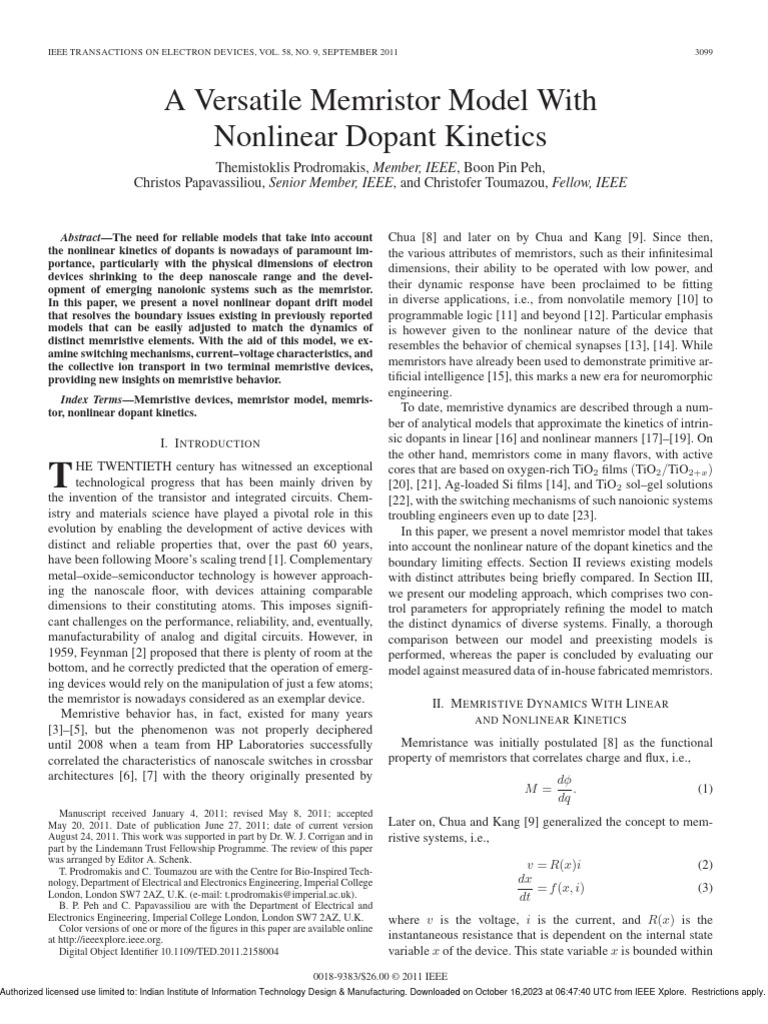 A Versatile Memristor Model With Nonlinear Dopant Kinetics | PDF | Materials Science ...