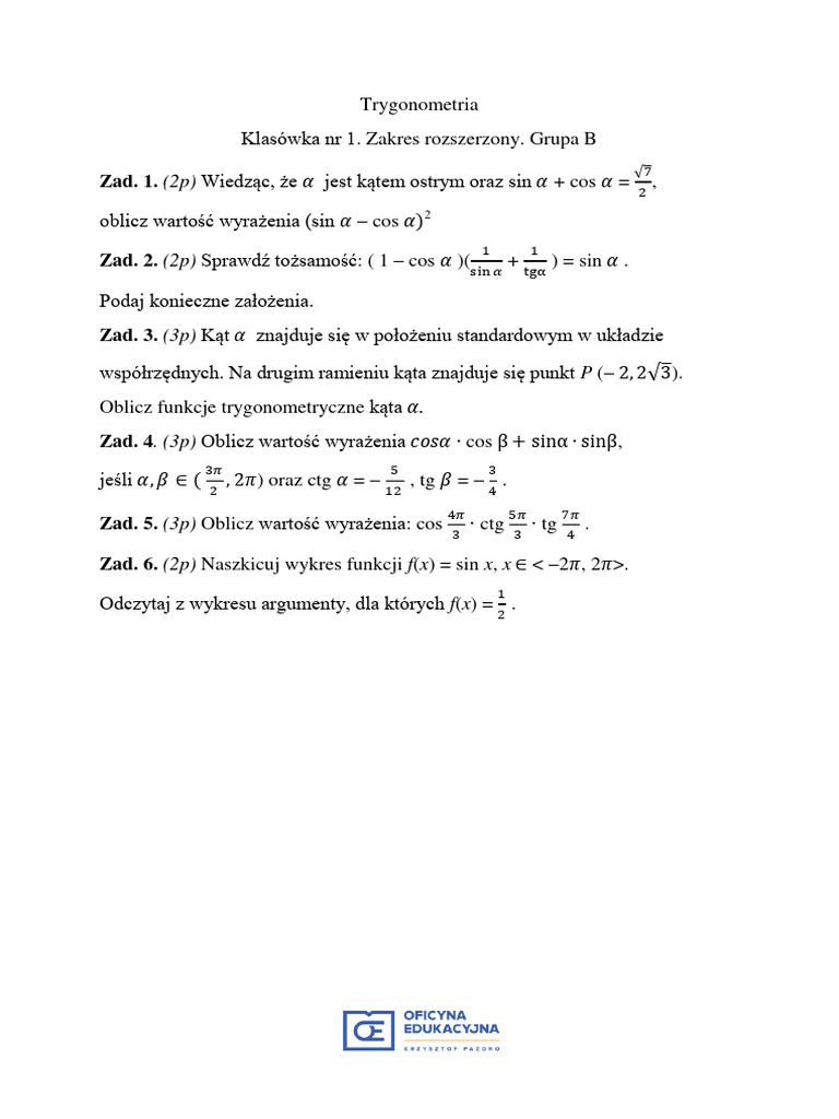 KL2 Sprawdzian Pazdro Trygonometria ZR B Wersja 1 | PDF