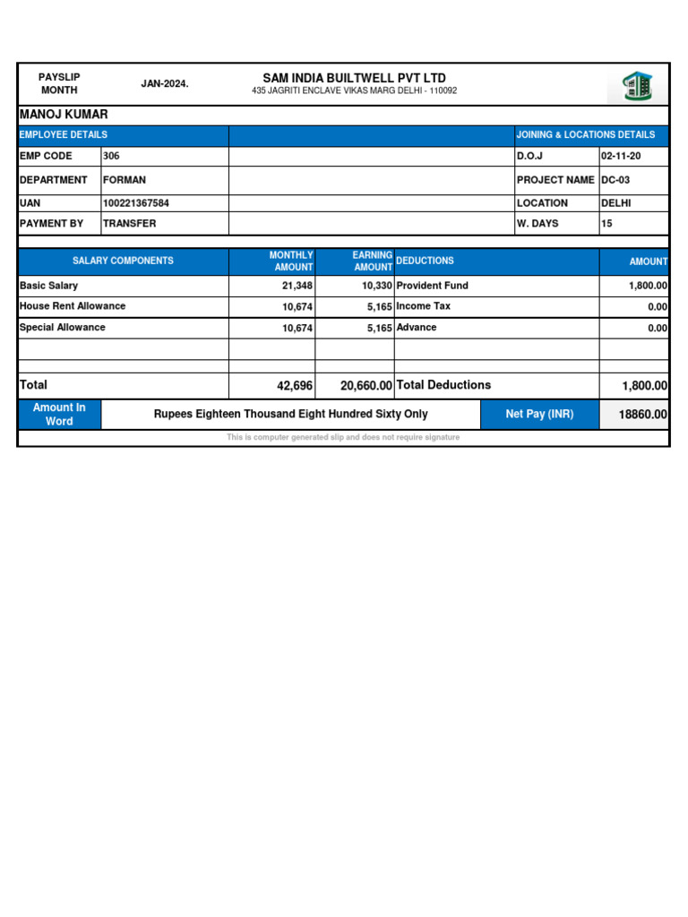 Salary Slip for Manoj Kumar - Jan 2024 | PDF