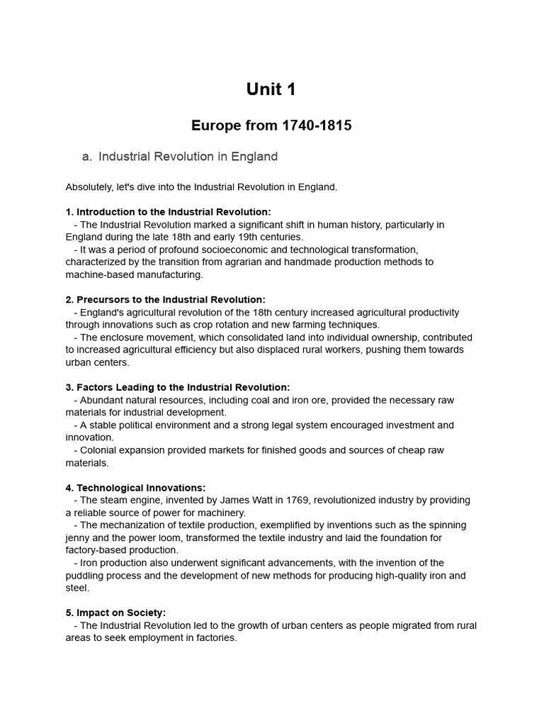 Unit 1 History Sem 4 | PDF | Industrial Revolution | Napoleon