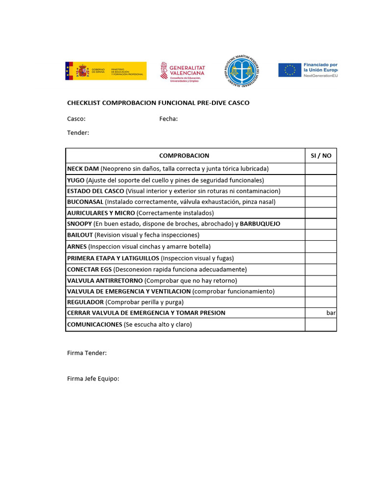 Checklist Casco Pre Dive | PDF