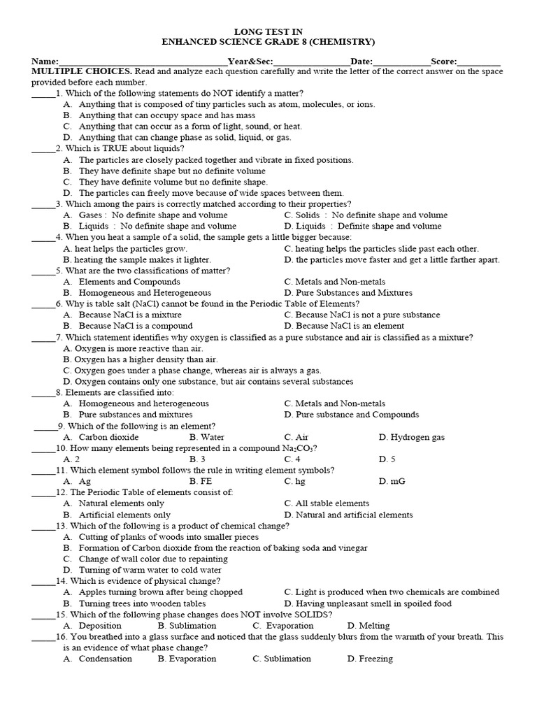 Grade 8 Chemistry Test Questions | PDF | Atoms | Chemistry