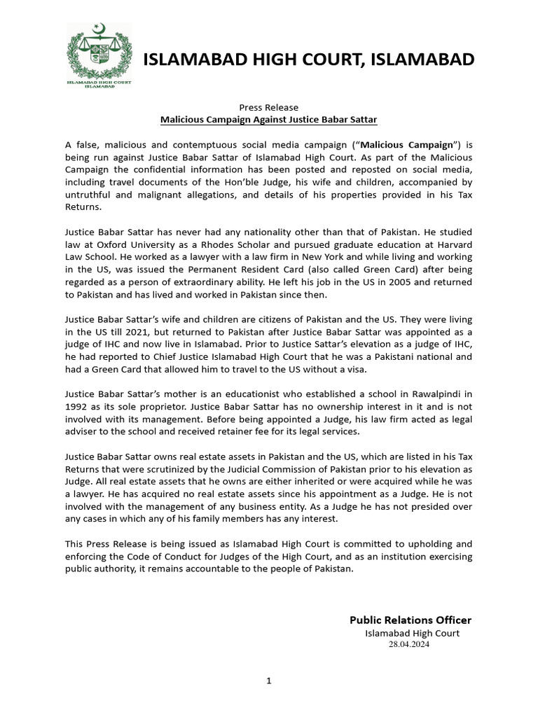 Press Release - Babar Sattar | PDF | Judge | Pakistan
