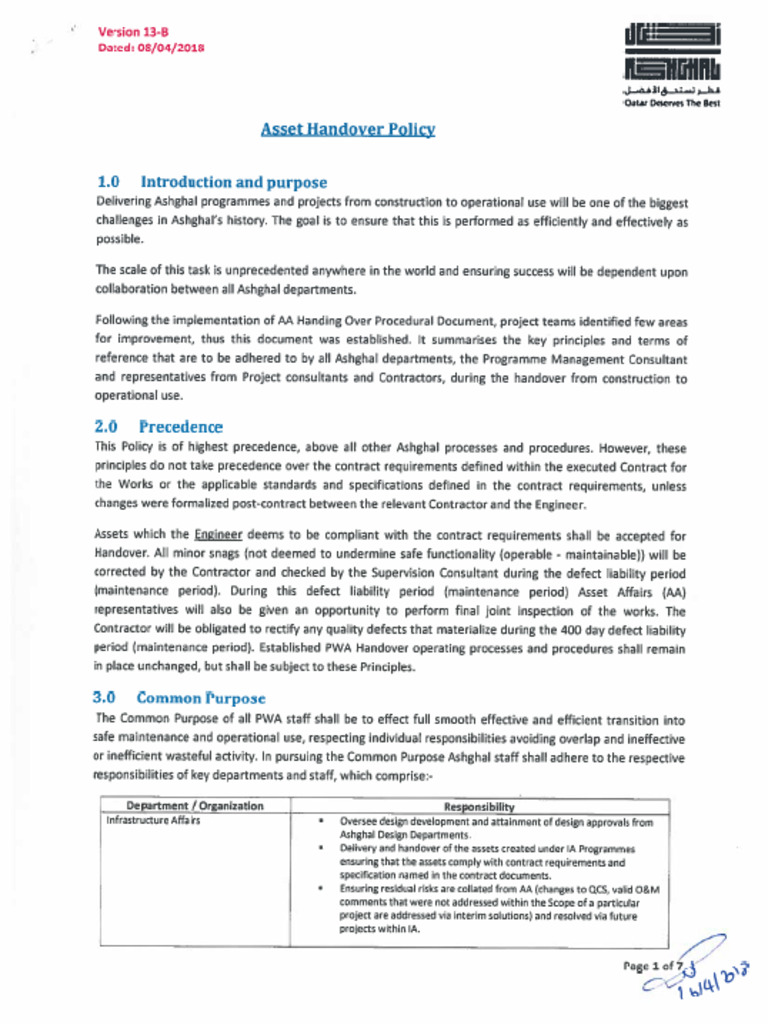 Asset Handover Policy | PDF