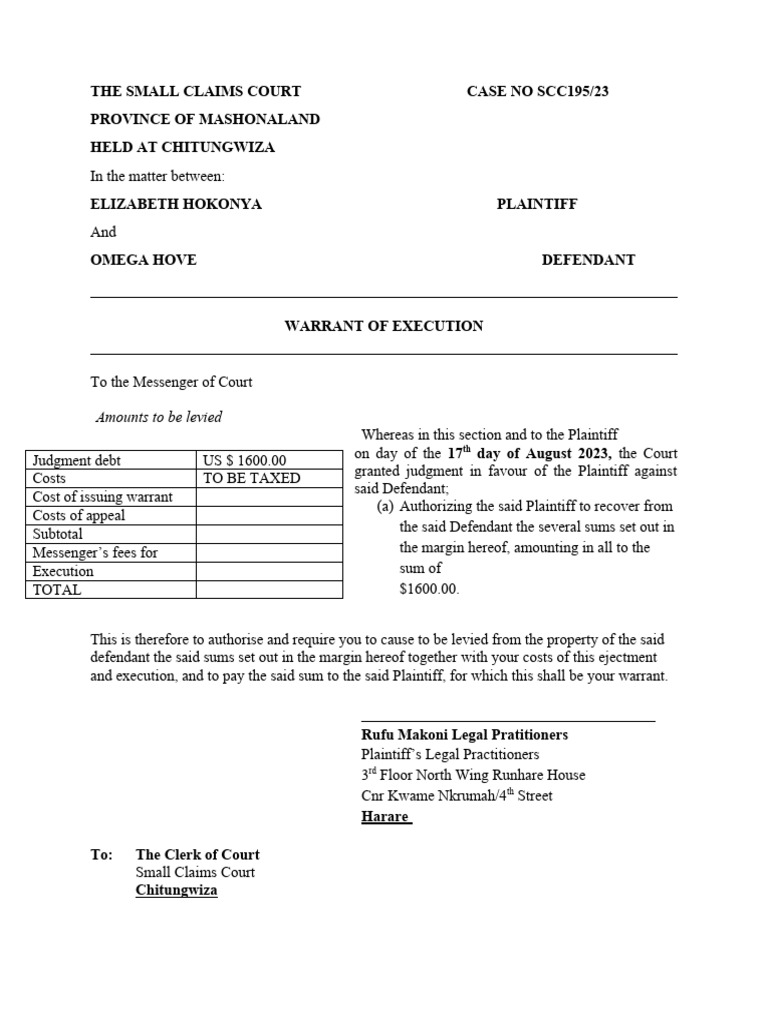 Writ of Execution - Hokonya | PDF | Civil Law (Common Law) | Justice