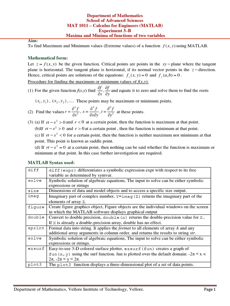 Maxima Minima 3d Pdf Matrix Mathematics Function Mathematics