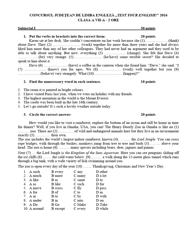 Subiect_Clasa a VII 2 ore | PDF | Zoo