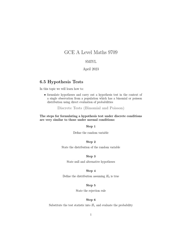 Gce A Level Hypothesis Tests Discrete Tests Binomial And Poisson Pdf Hypothesis
